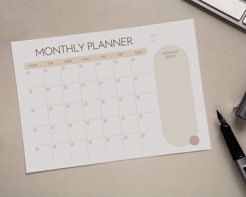 Retro Monthly Planner Printable Calendar, Stylized Schedule, Landscape ...