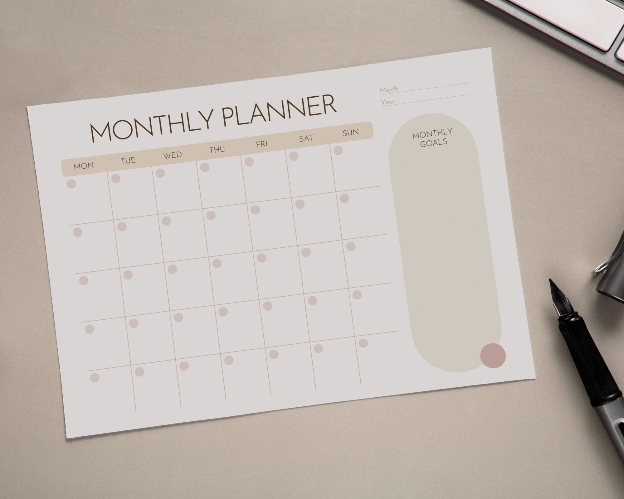 Retro Monthly Planner Printable Calendar, Stylized Schedule, Landscape ...