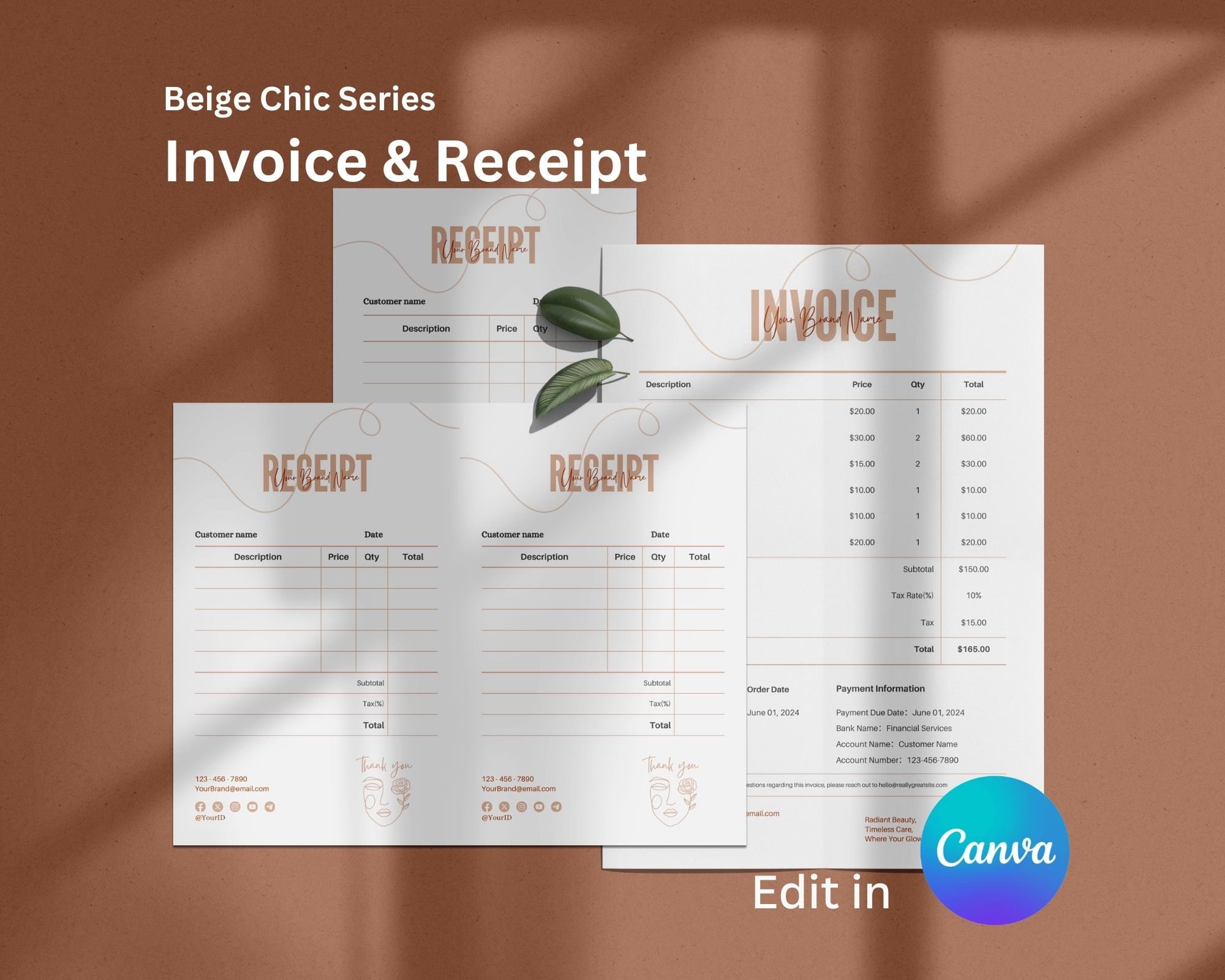 Beauty Business Invoice and Receipt Template Editable Canva Ready to ...