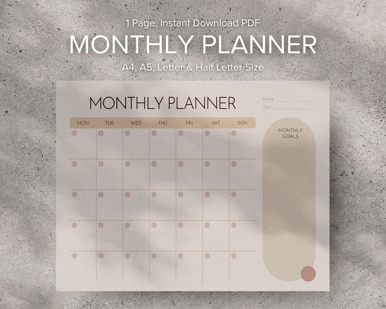 Retro Monthly Planner Printable Calendar, Stylized Schedule, Landscape ...