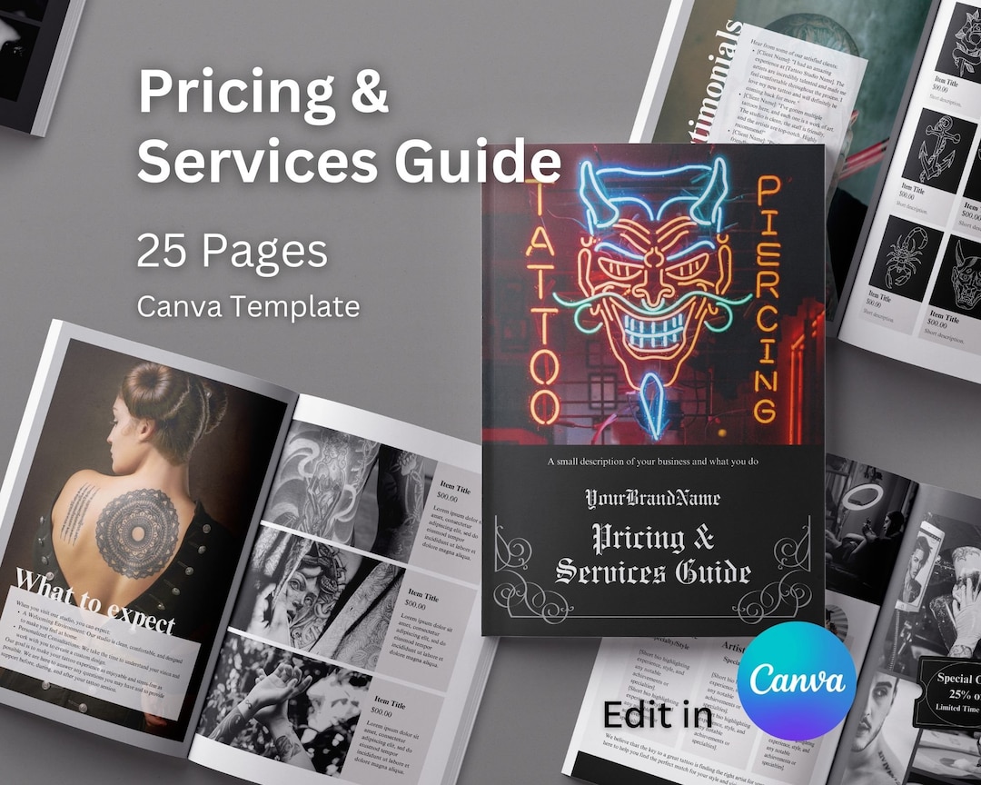 Tattoo Service Guide Canva Template, Tattoo Artist Pricing Guide ...