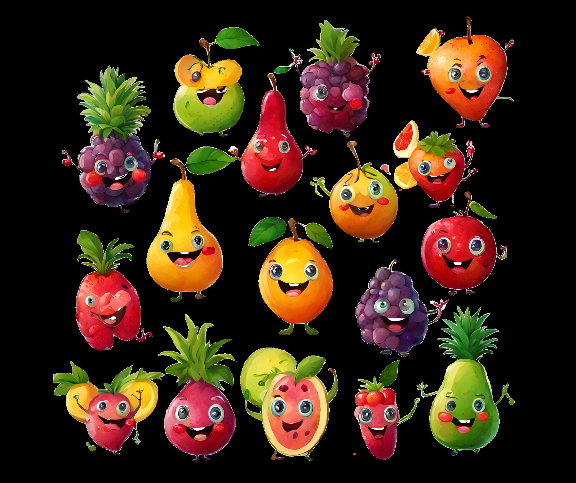 Happy Fruit Design - 30 Funny Fruits PNG Set, Transparent, Digital ...
