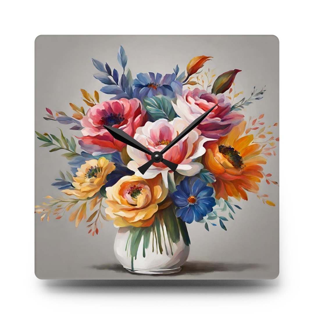 Unique Acrylic Wall Clock - Hand-painted Floral Design, Modern Home ...