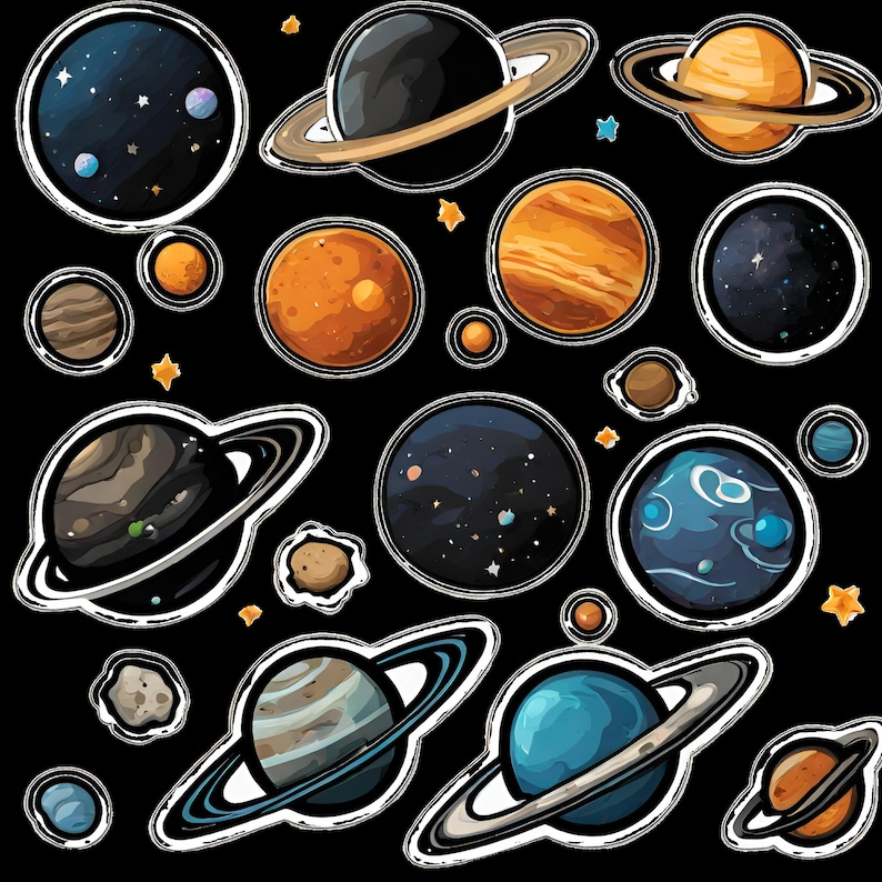 Planets Stickers Set - 15 Printable Space Decals Sets, High-quality PNG ...