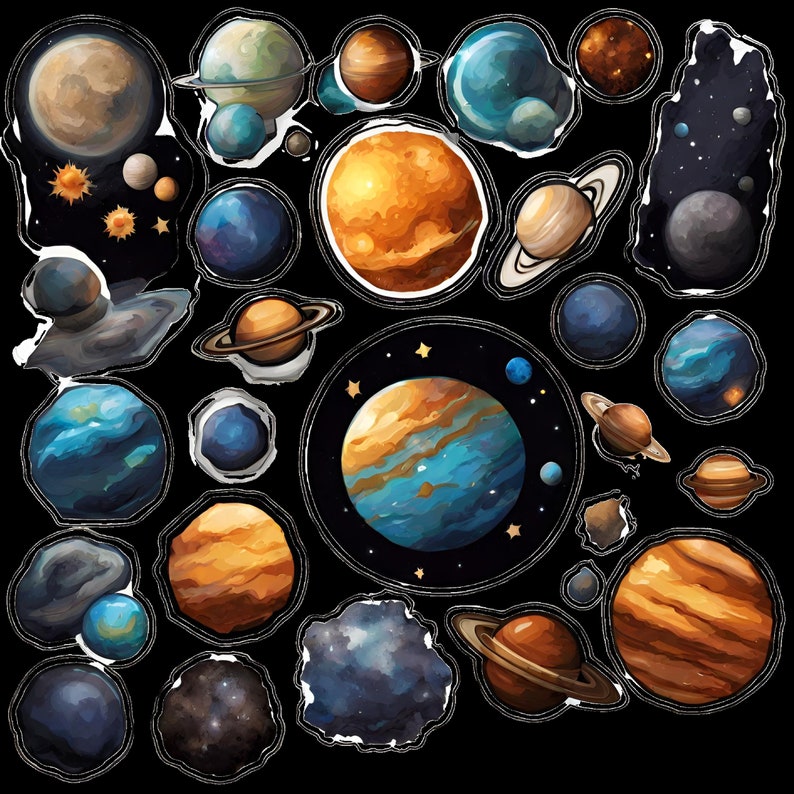 Planets Stickers Set - 15 Printable Space Decals Sets, High-quality PNG ...