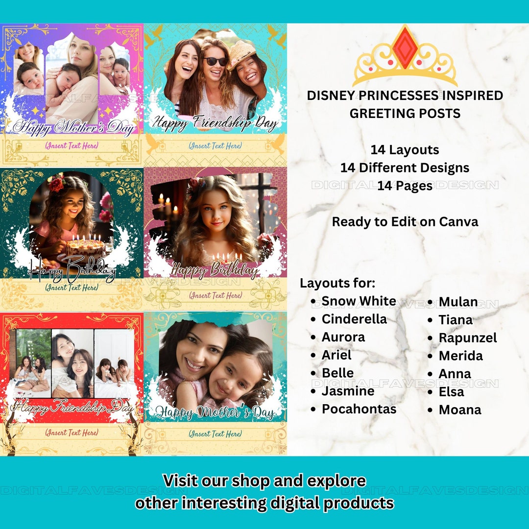 Editable Disney Princesses Inspired Greeting Social Media Post ...