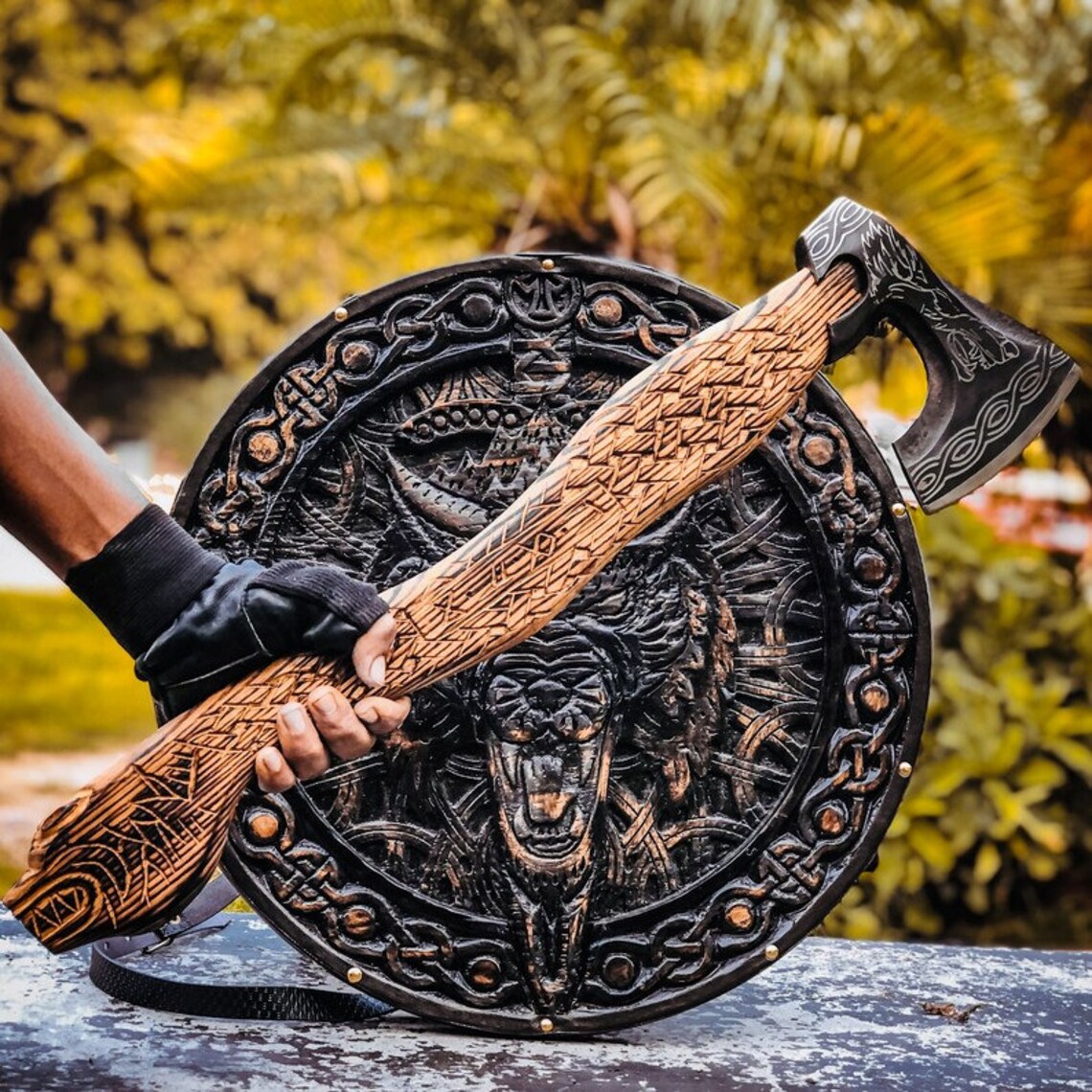 Medieval Fenrir Shield & Axe Set, Viking Round Shield, Viking Wolf Shield/axe, Wood Carved ...