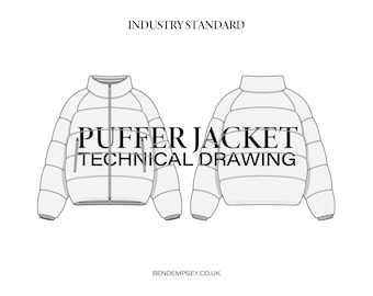 Hooded Puffer Jacket Technical Drawing Streetwear Mock-up Template for ...