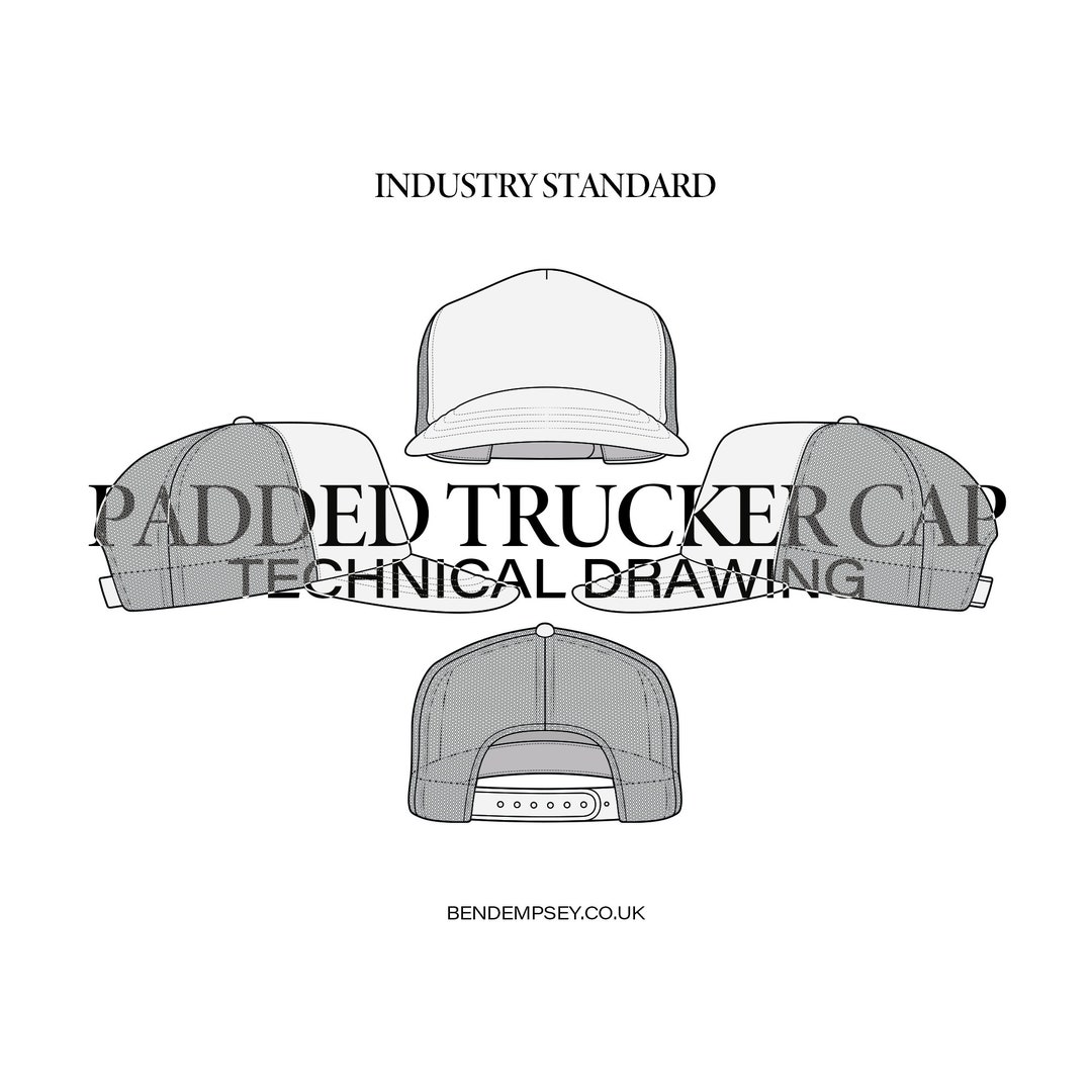 Padded Trucker Cap Technical Drawing - Etsy