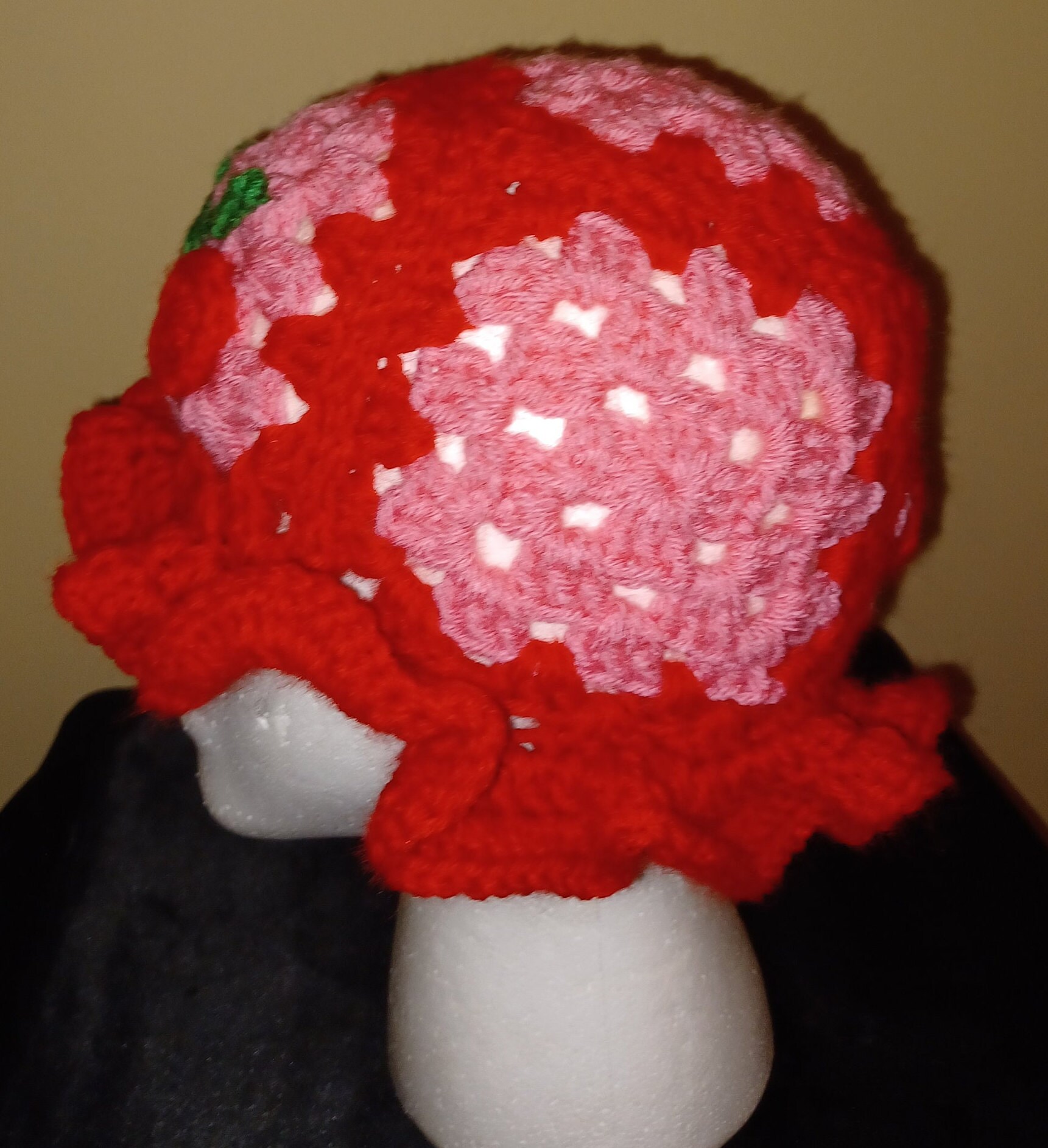 Granny Square Bucket Hat With a Ruffle Brim and Cherry Applique Accents ...