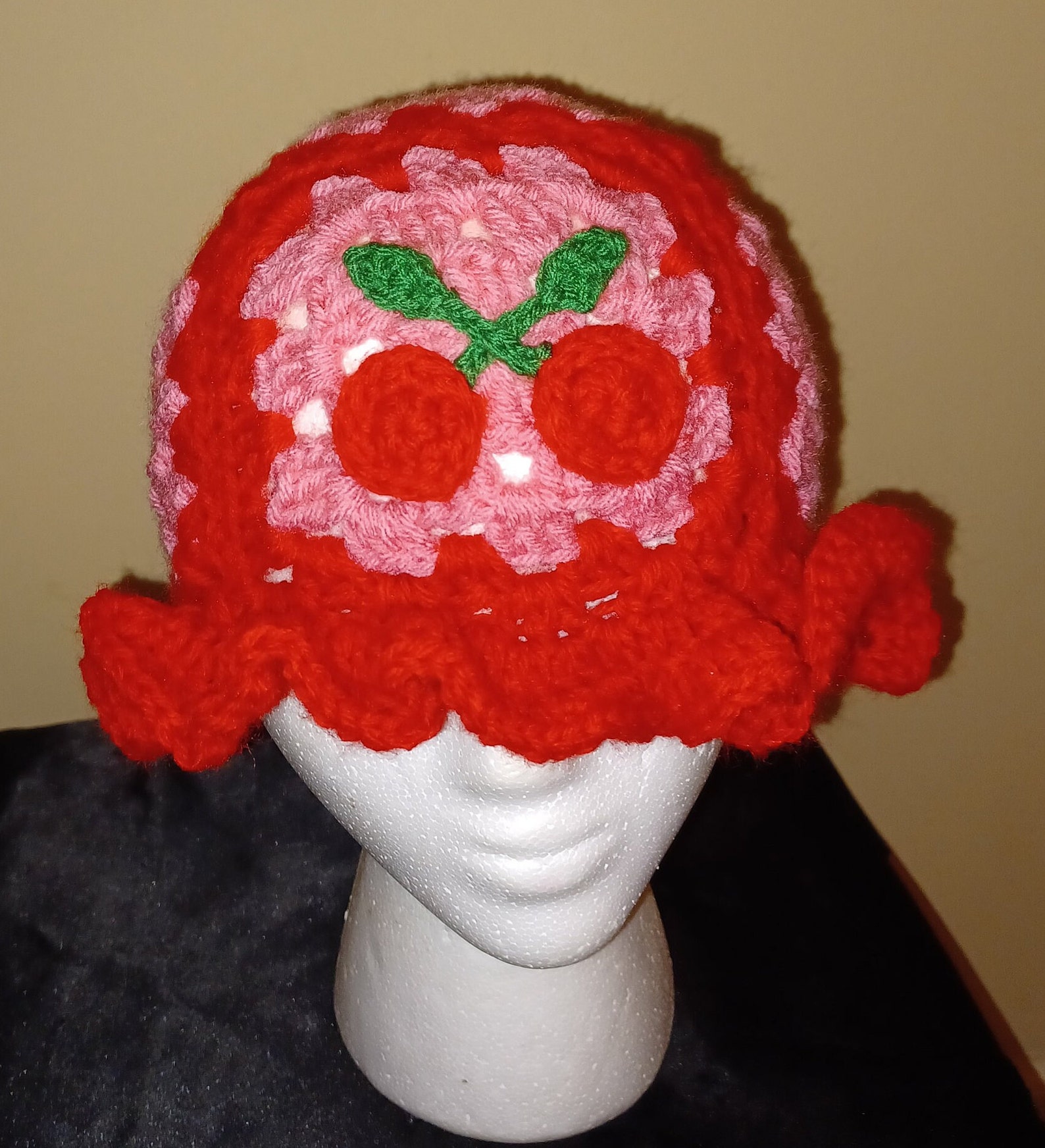 Granny Square Bucket Hat With a Ruffle Brim and Cherry Applique Accents ...