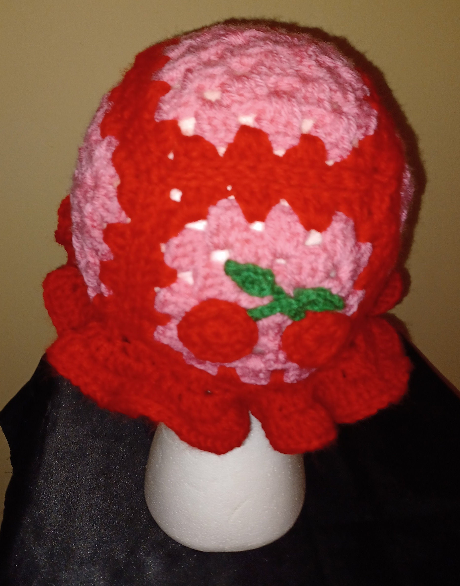 Granny Square Bucket Hat With a Ruffle Brim and Cherry Applique Accents ...