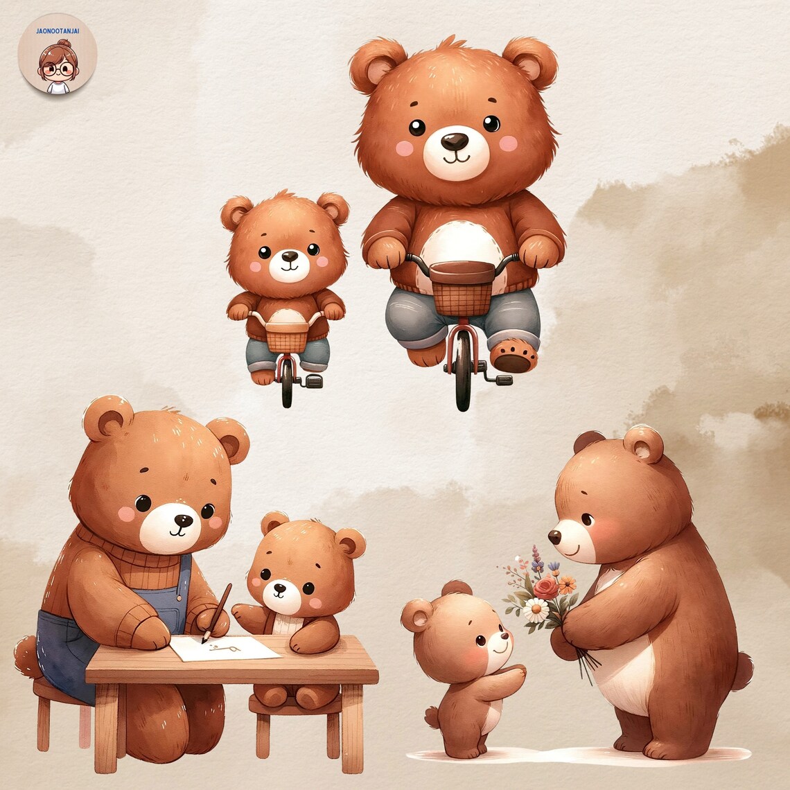 Watercolor Father Bear Clipart,father's Day Png,fatherbear and Child ...