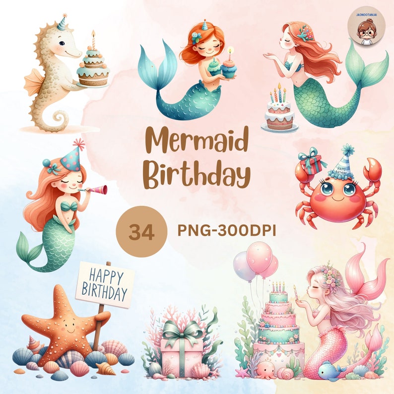 Watercolor Mermaid Birthday Clipart,cute Mermaid Png,birthday Party ...