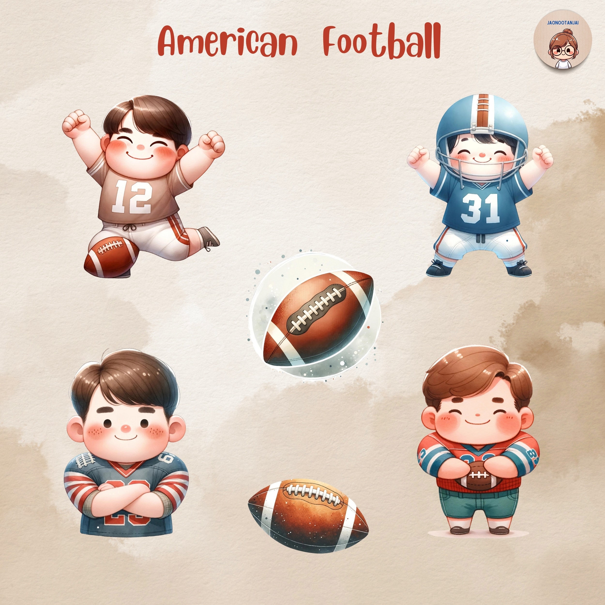 Watercolor American Football Clipart,shubby Boy Play American Football ...