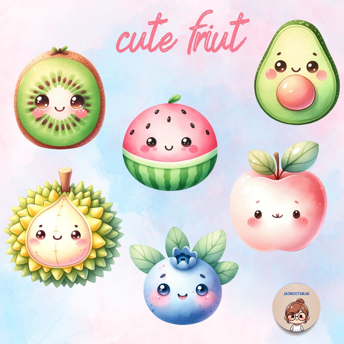 Watercolor Cute Fruit Clipart, Apple, Orange, Watermelon, Kivi, Papaya ...