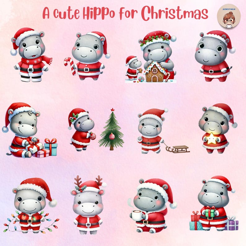 A Cute Hippo for Christmas,hippopotamus,snowman,candy Cane,presents ...
