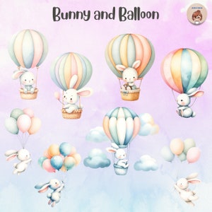 Watercolor Bunny and Balloon Clipart,rabbit and Hot Balloon Png,gift ...