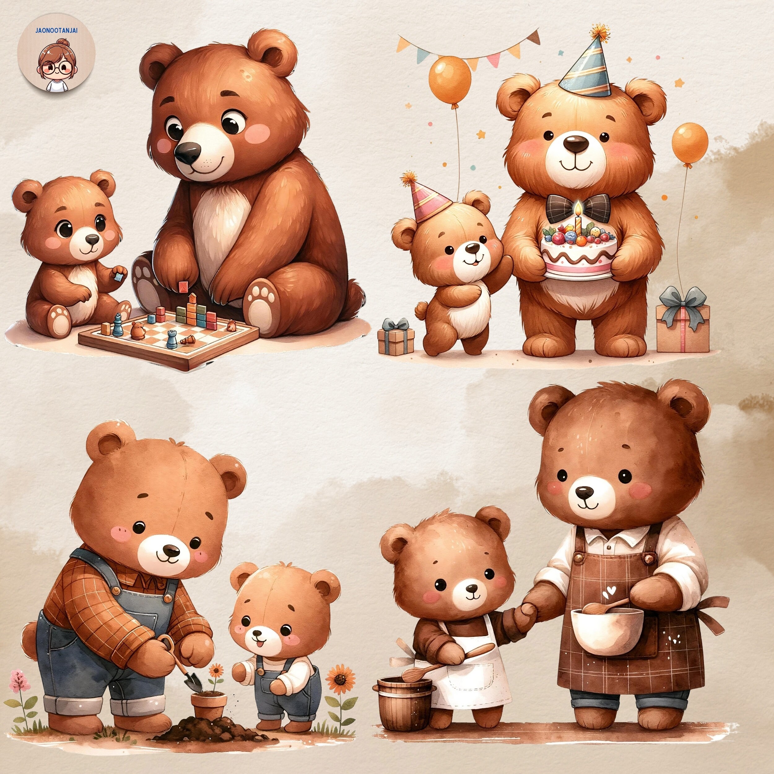 Watercolor Father Bear Clipart,father's Day Png,fatherbear and Child ...
