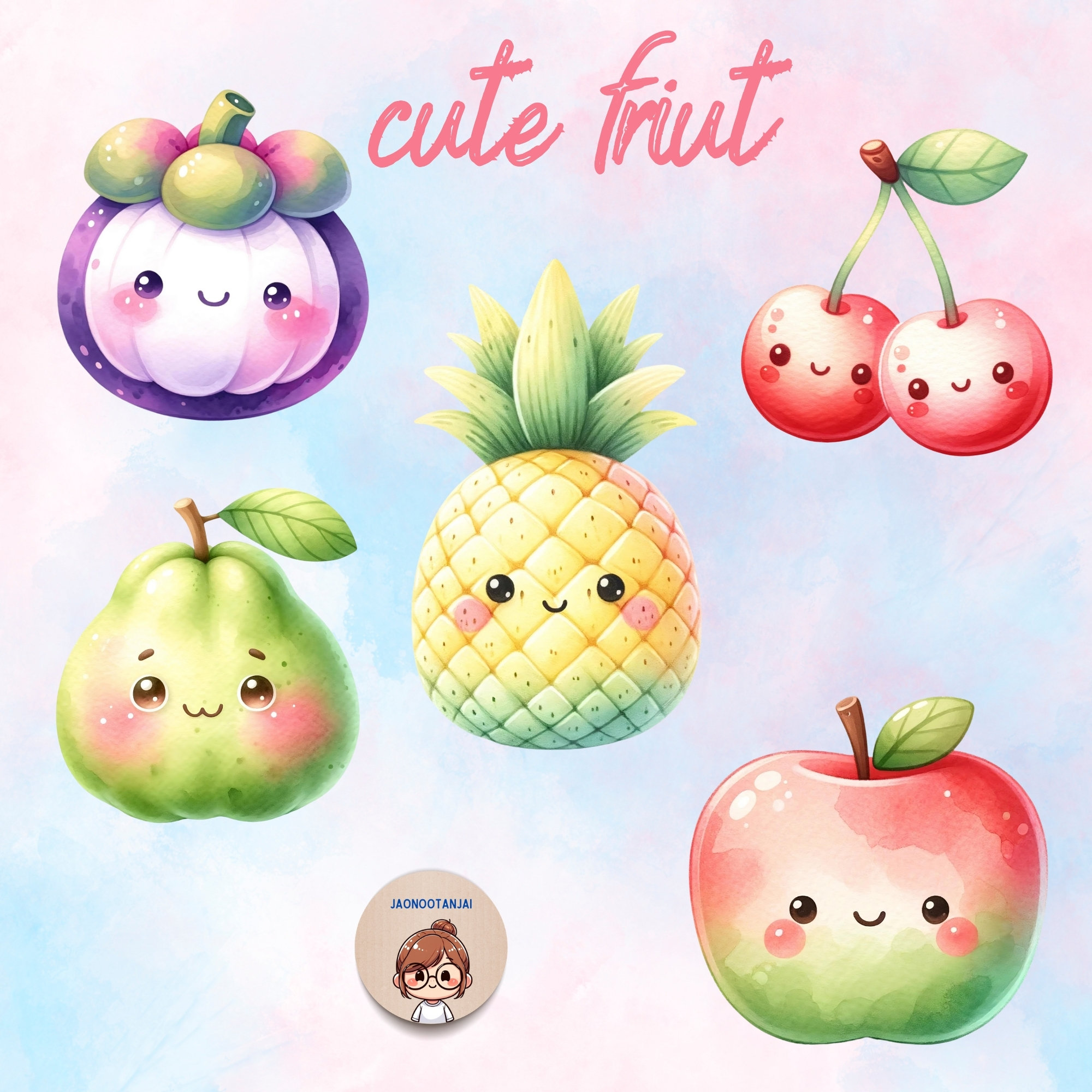 Watercolor Cute Fruit Clipart, Apple, Orange, Watermelon, Kivi, Papaya ...