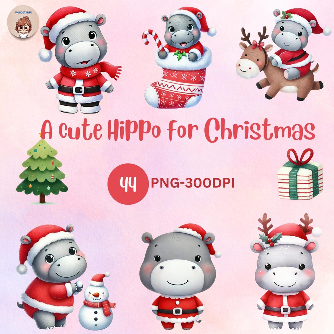 A Cute Hippo for Christmas,hippopotamus,snowman,candy Cane,presents ...