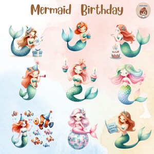 Watercolor Mermaid Birthday Clipart,cute Mermaid Png,birthday Party ...