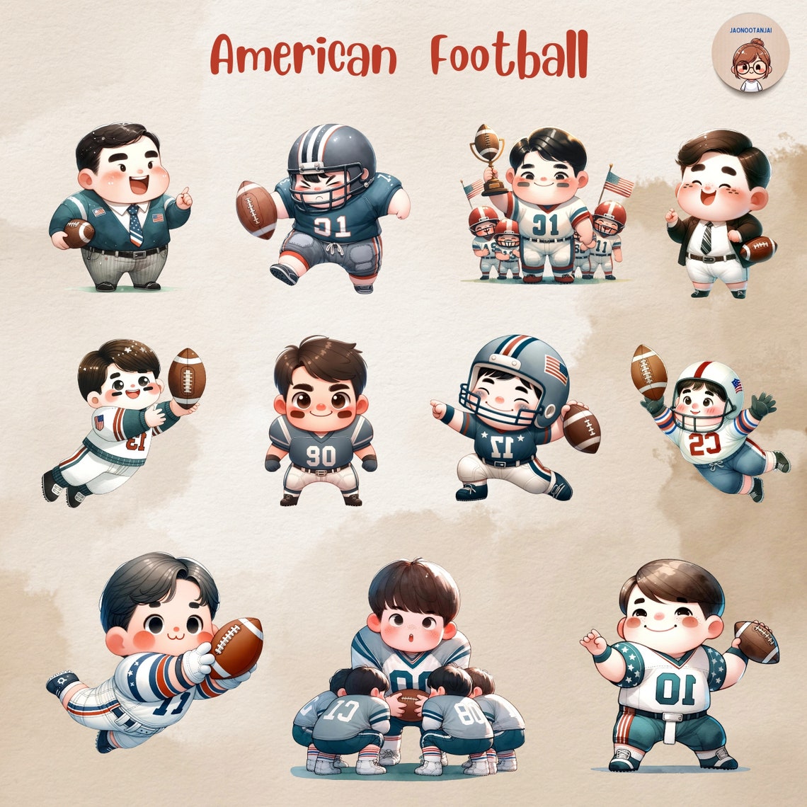Watercolor American Football Clipart,shubby Boy Play American Football ...
