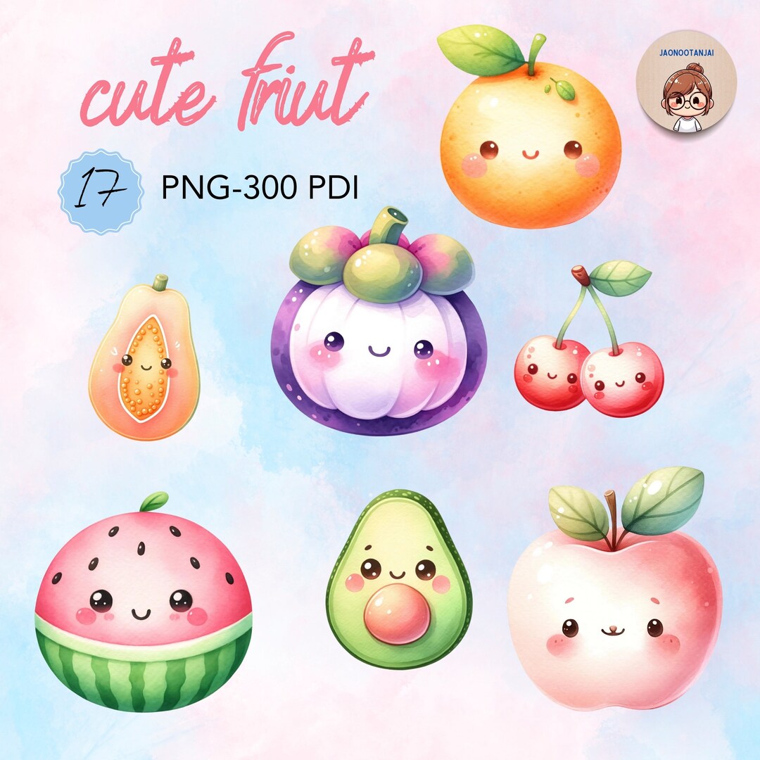 Watercolor Cute Fruit Clipart, Apple, Orange, Watermelon, Kivi, Papaya ...