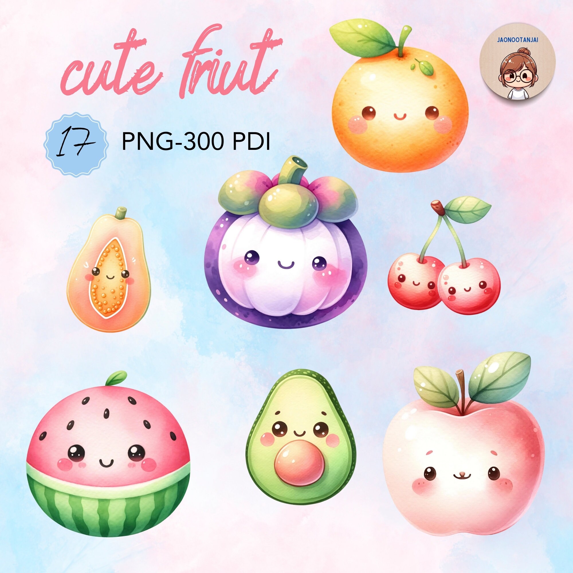 Watercolor Cute Fruit Clipart, Apple, Orange, Watermelon, Kivi, Papaya ...