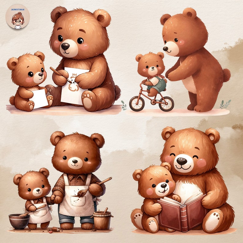 Watercolor Father Bear Clipart,father's Day Png,fatherbear and Child ...