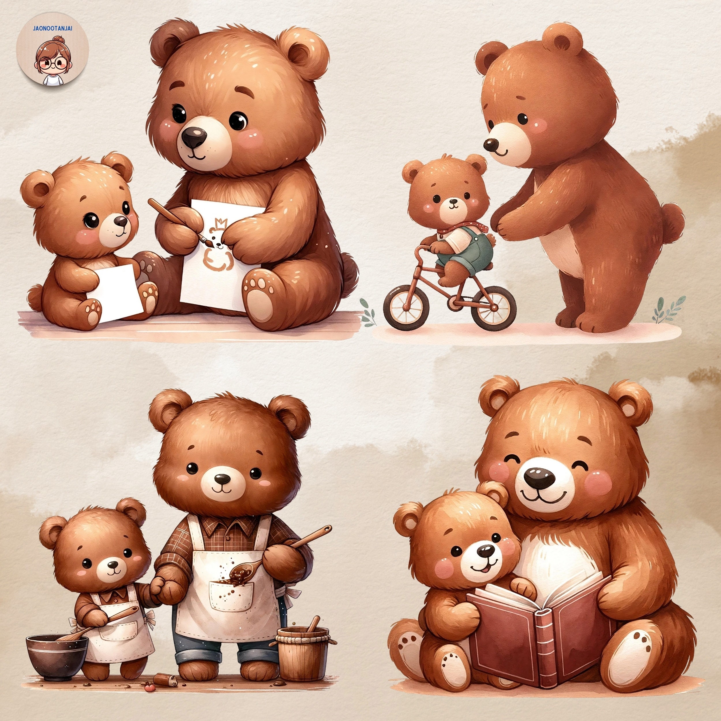 Watercolor Father Bear Clipart,father's Day Png,fatherbear and Child ...