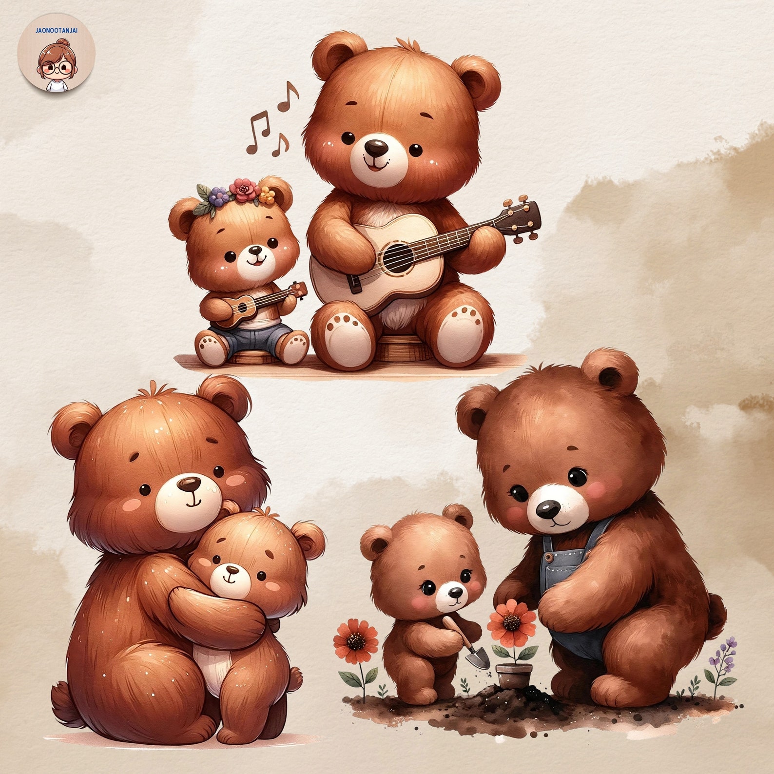 Watercolor Father Bear Clipart,father's Day Png,fatherbear and Child ...