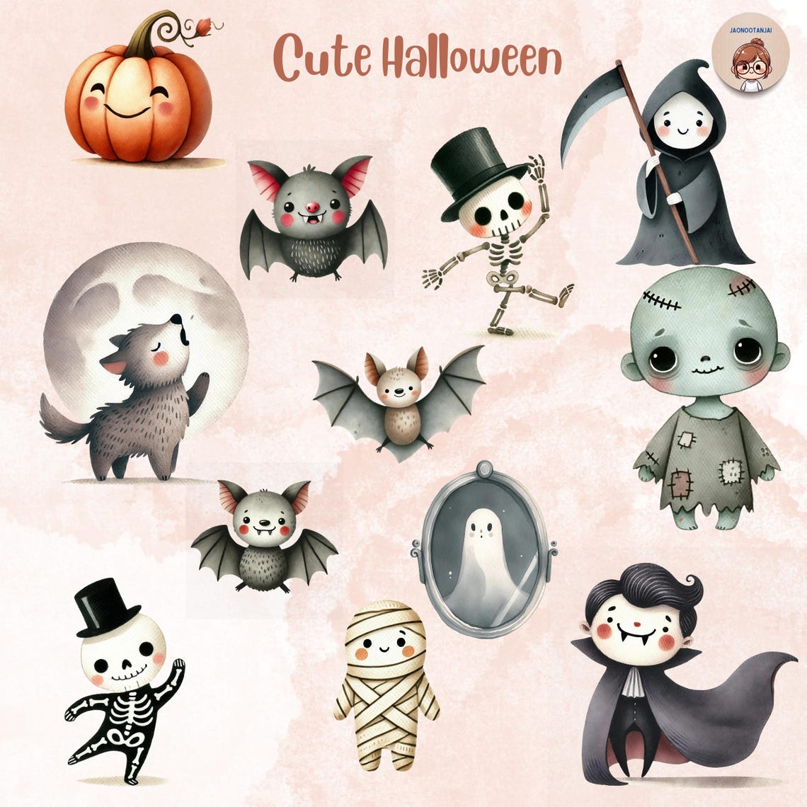 A Cute Halloween Day,pumpkin,ghost,vampire,mummy-wrapped,witch,spider ...