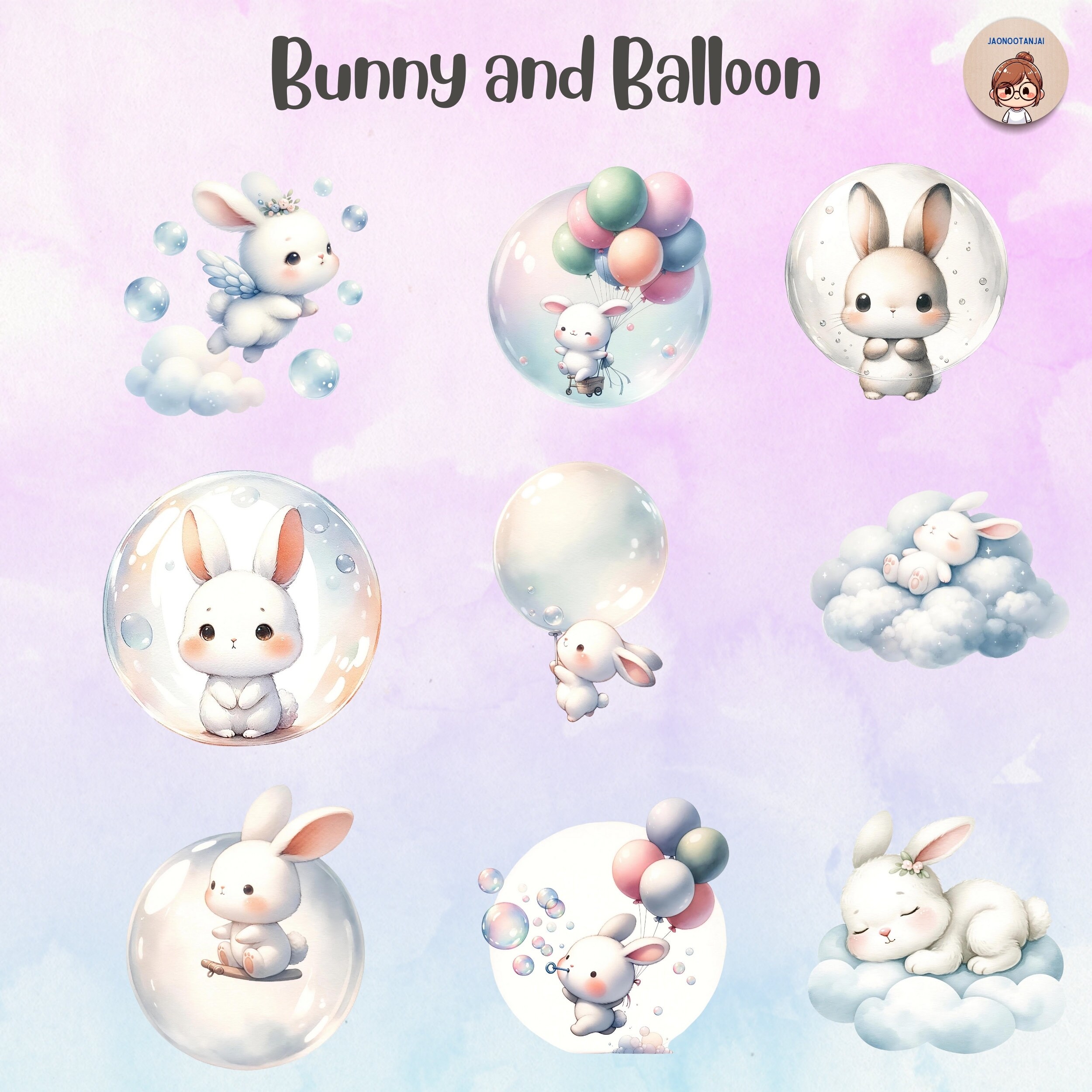 Watercolor Bunny and Balloon Clipart,rabbit and Hot Balloon Png,gift ...