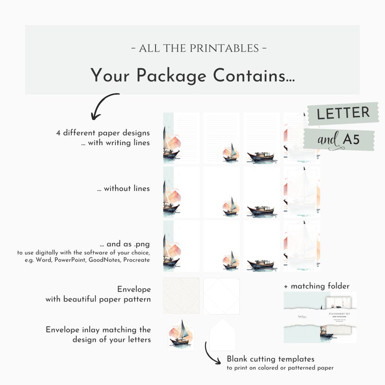 Stationery Set Boat Digital Paper & Letter Writing Set, US LETTER, DIN ...