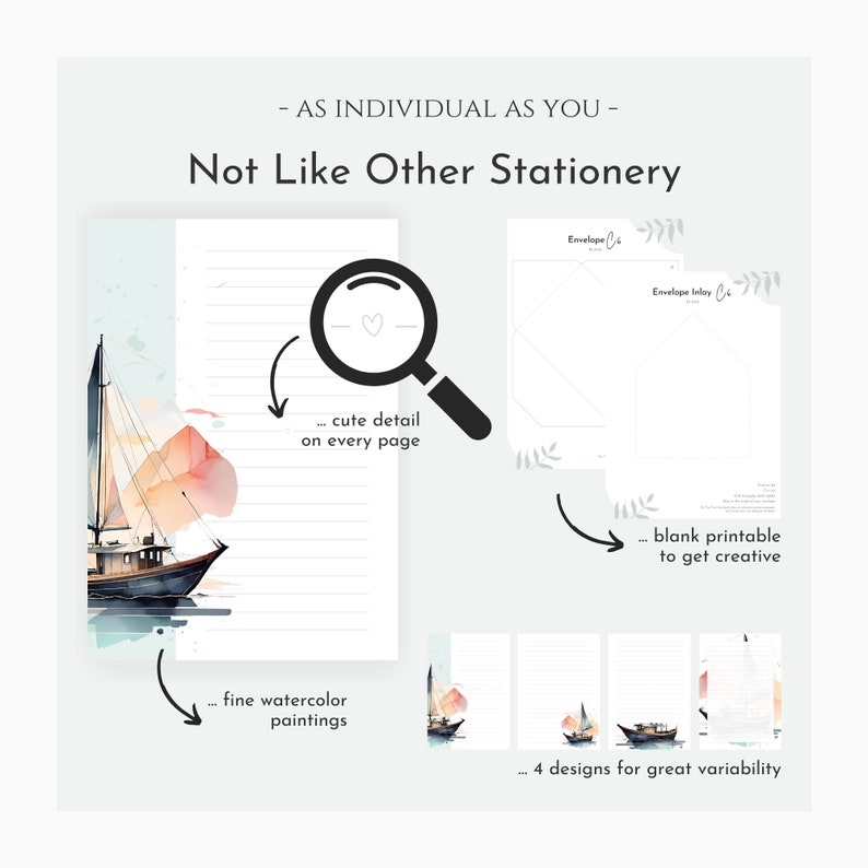 Stationery Set Boat Digital Paper & Letter Writing Set, US LETTER, DIN ...