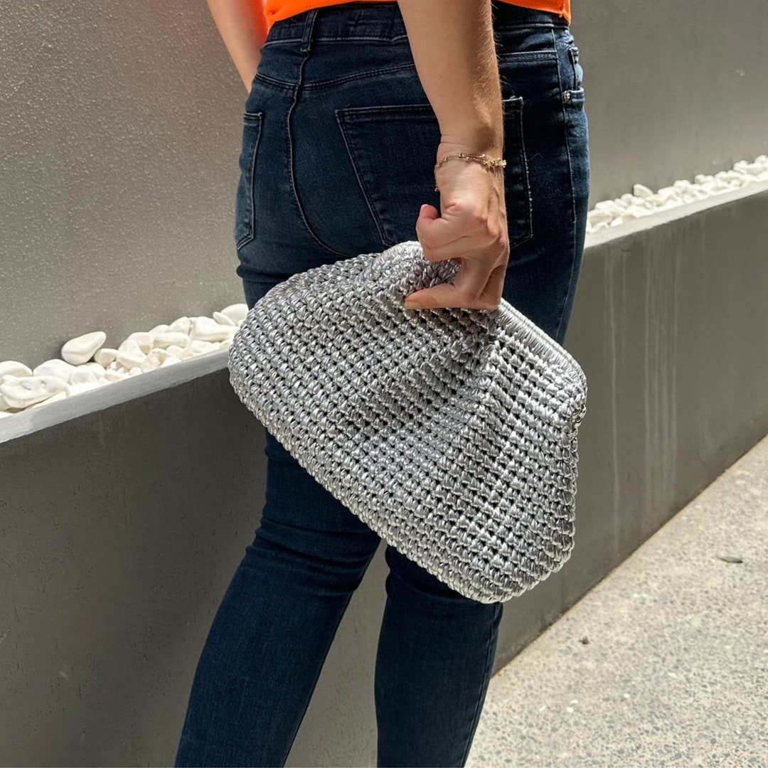Metallic Silver Crochet Clutch Bag , Luxury Wedding Handbag , Evening ...
