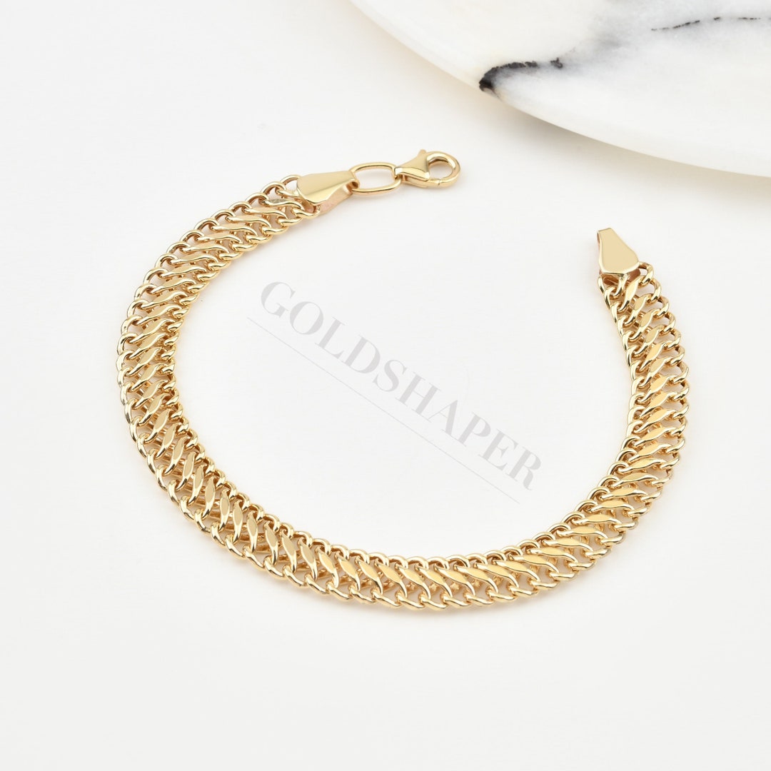 14K Gold Double Curb Chain Bracelet, 7 Mm Vienna Chain Choker, Vienna ...