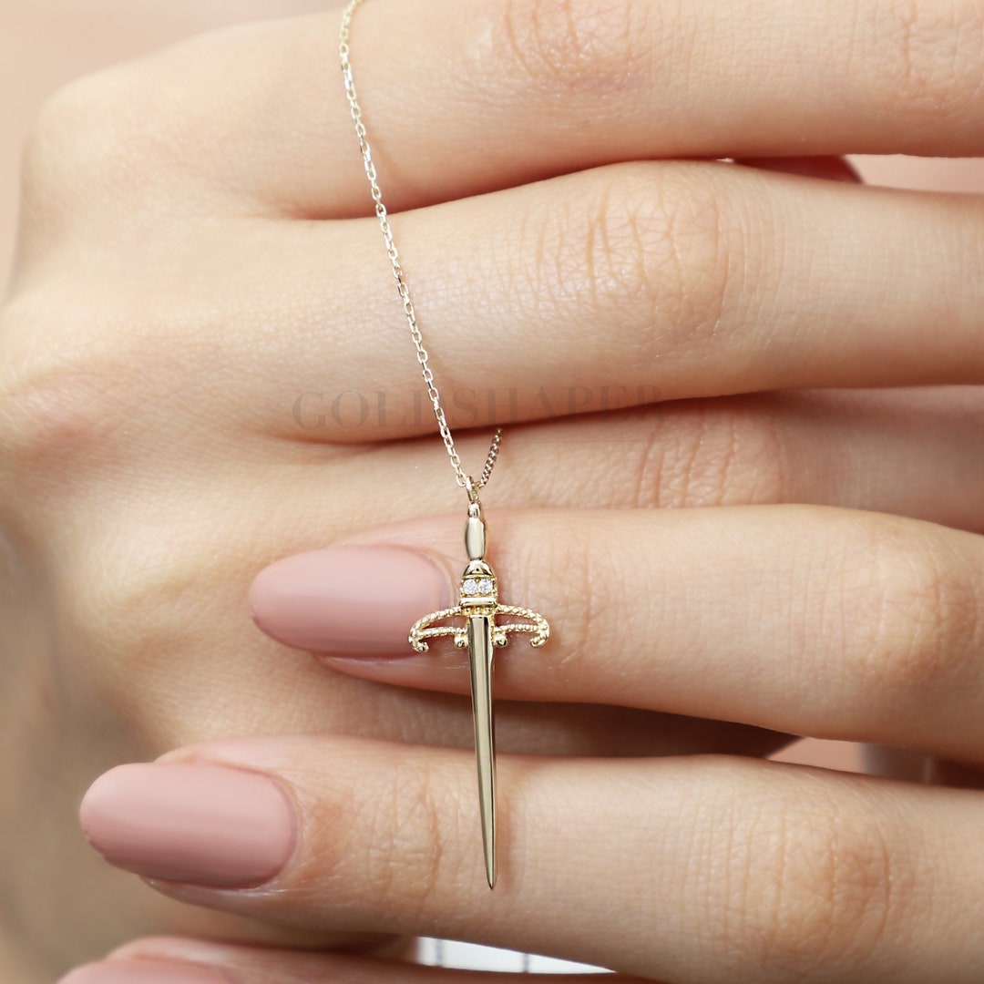 14K Gold Sword Necklace, Gold Sword Necklace, Sword Charm Necklace ...
