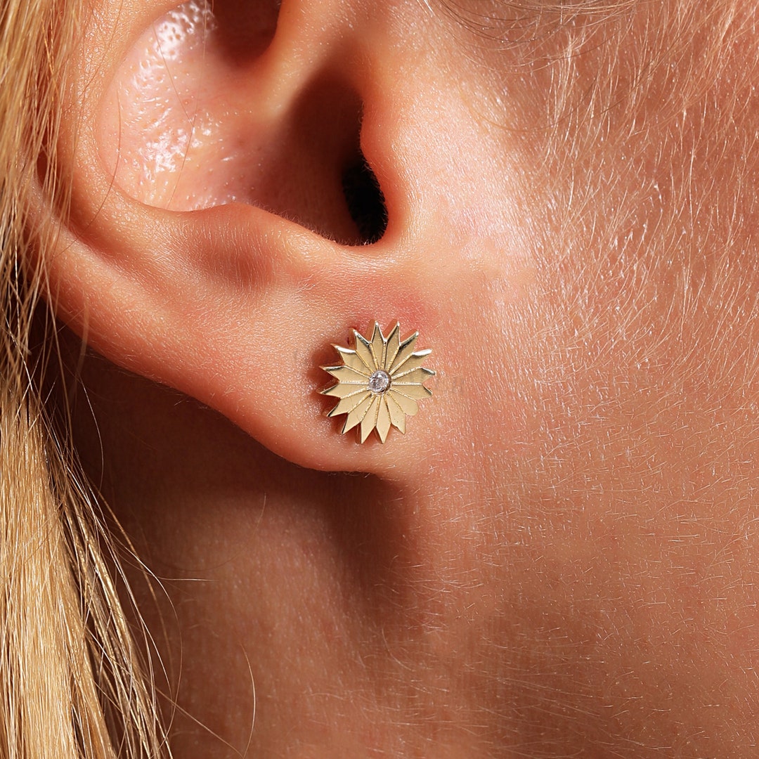 Sun Gold Earrings, 14K Gold Sun Earrings, Sun Stud Earrings, Sunshine ...