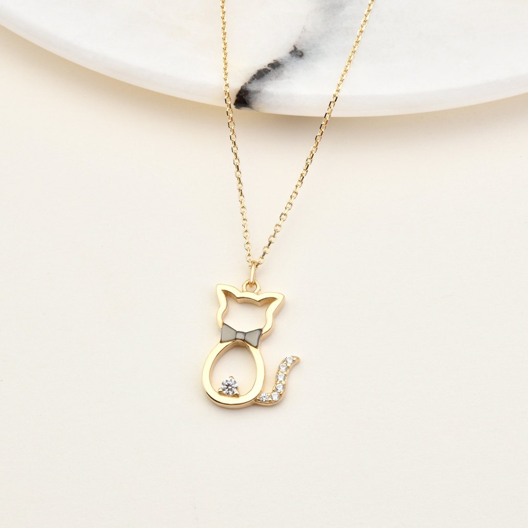 14K Gold Cat Necklace, Gold Cat Necklace, Cat Necklace, Cat Charm ...