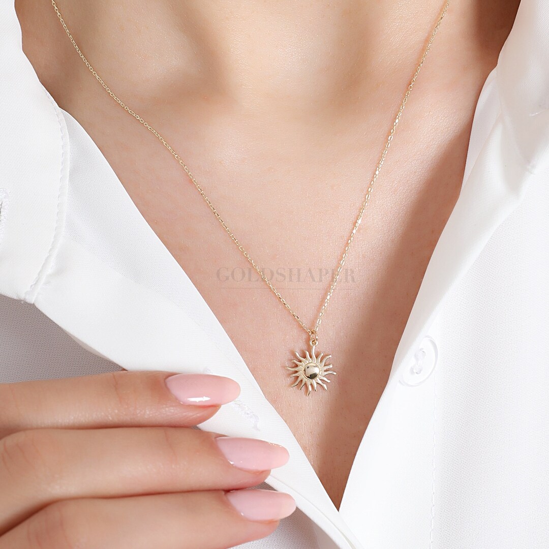 14K Gold Sun Necklace, Gold Sun Necklace, Sun Charm Necklace, Sunshine ...