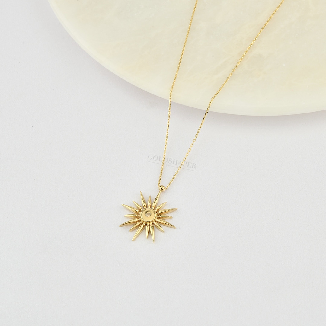 14K Gold Sun Necklace, Gold Sun Necklace, Sun Charm Necklace, Sunshine ...