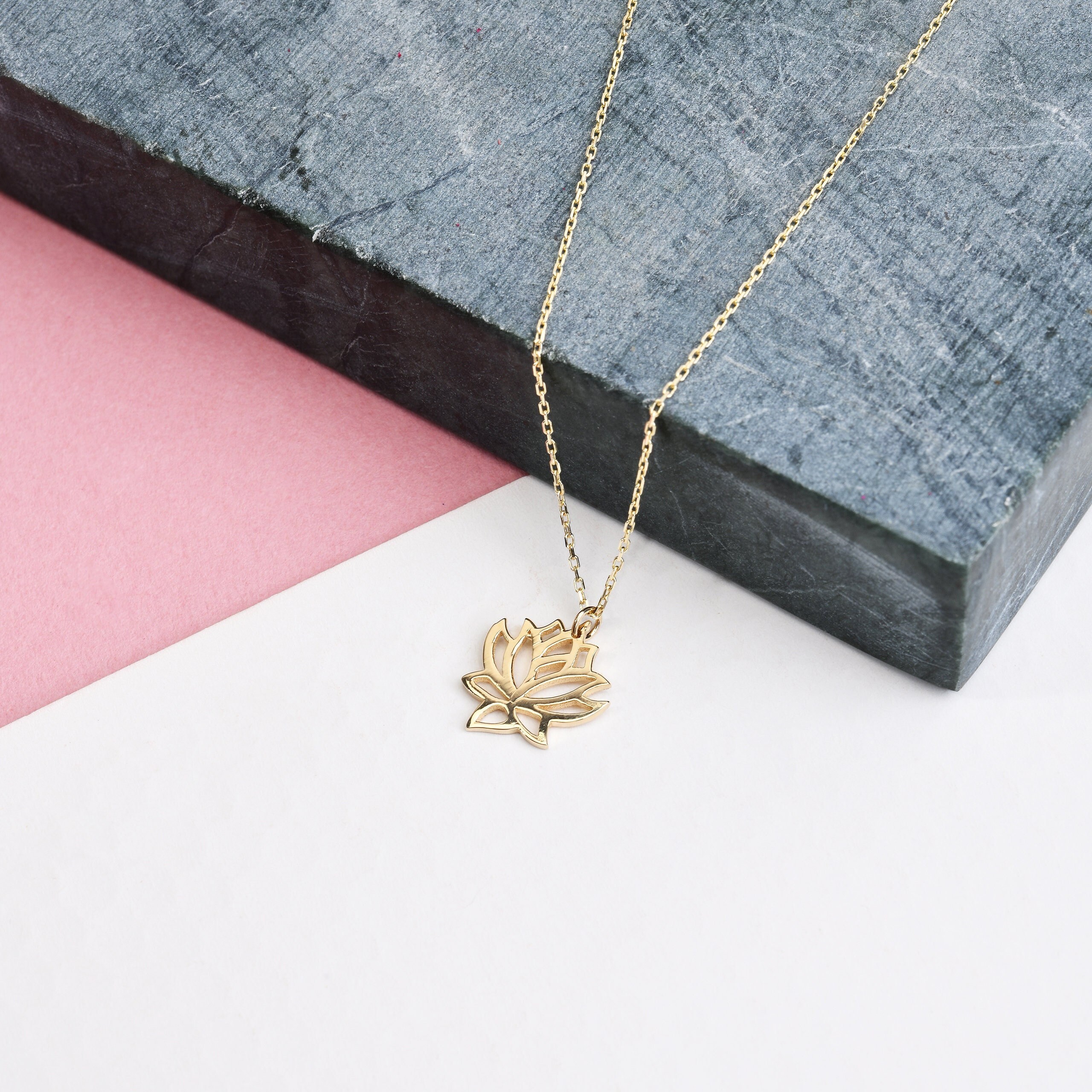14K Gold Lotus Necklace, Gold Lotus Necklace, Lotus Flower 14K Gold Lotus Necklace, Gold Lotus Necklace, Lotus Flower