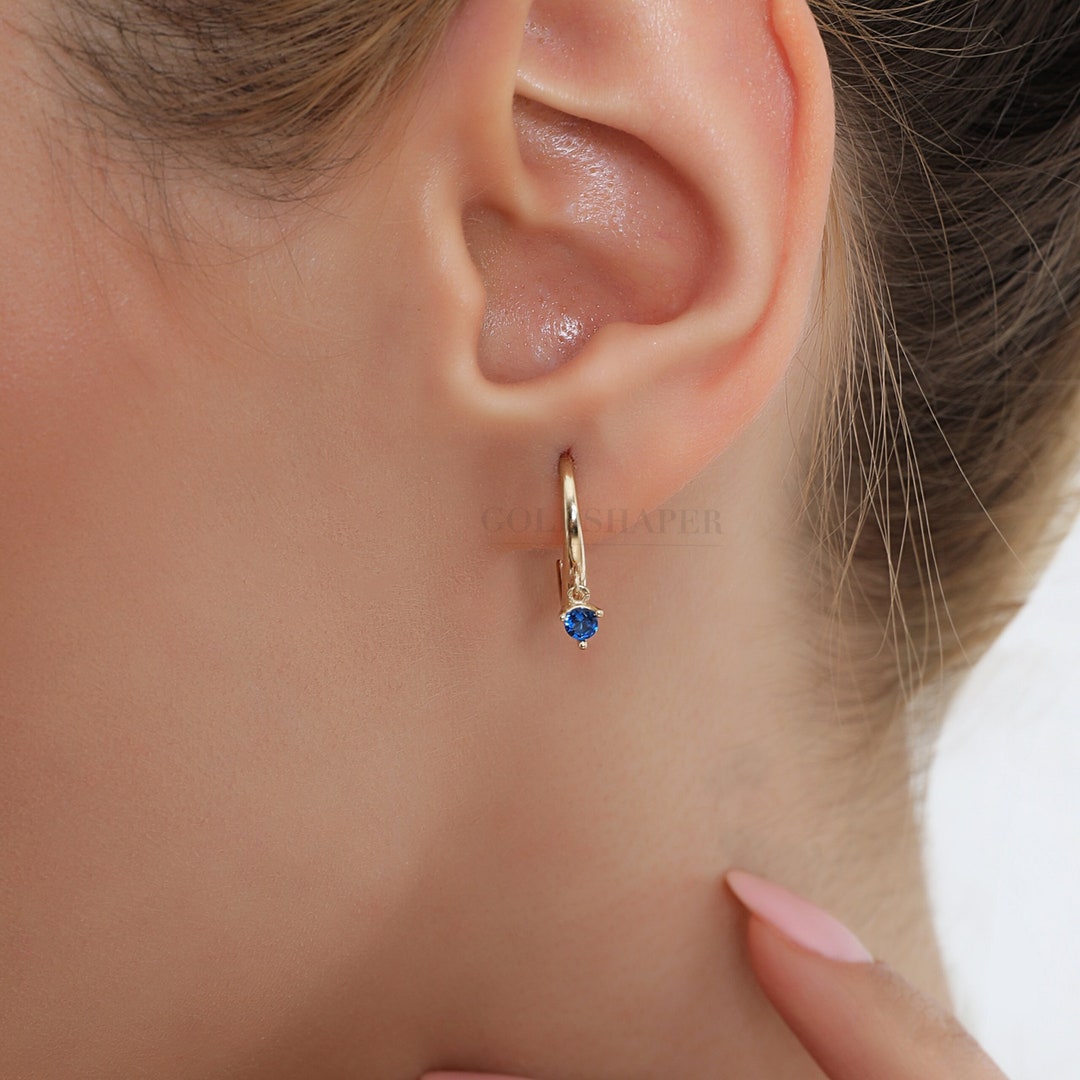 Sapphire Hoop Earrings, 14K Gold Sapphire Earrings, Sapphire Charm Gold ...