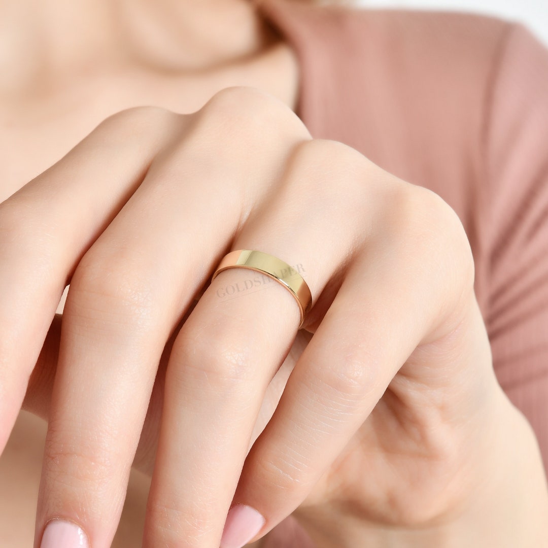 4MM Flat 14K-18K Gold Wedding Band , 4 MM Width, Polished Ring, Free Engrave, Comfort Wedding ...