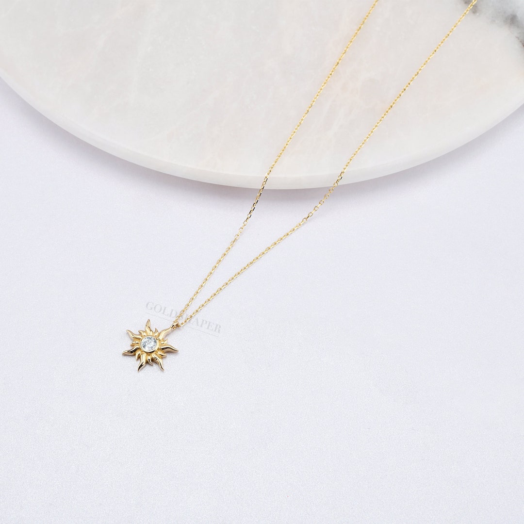 14K Gold Sun Necklace, Gold Sun Necklace, Sun Charm Necklace, Sunshine ...