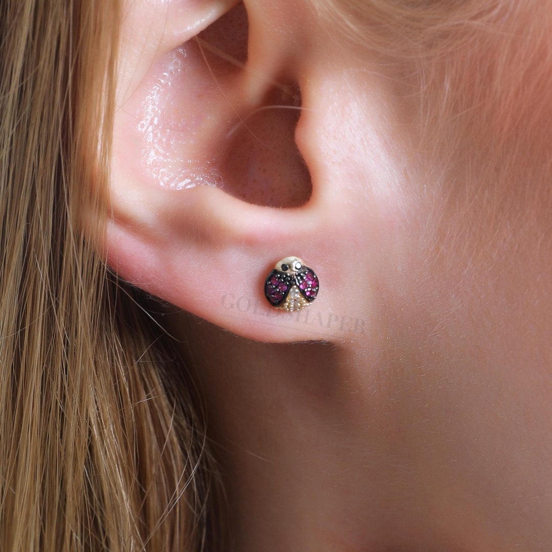 Ladybug Gold Earrings, 14K Gold Ladybug Earrings, Ladybug Gold Stud ...