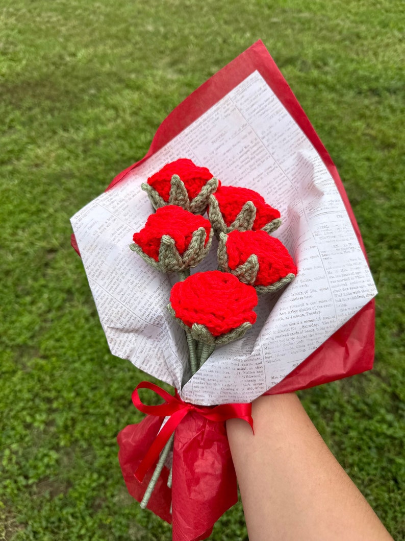 Crochet Red Rose Flower Bouquet Handmade Gift - Etsy
