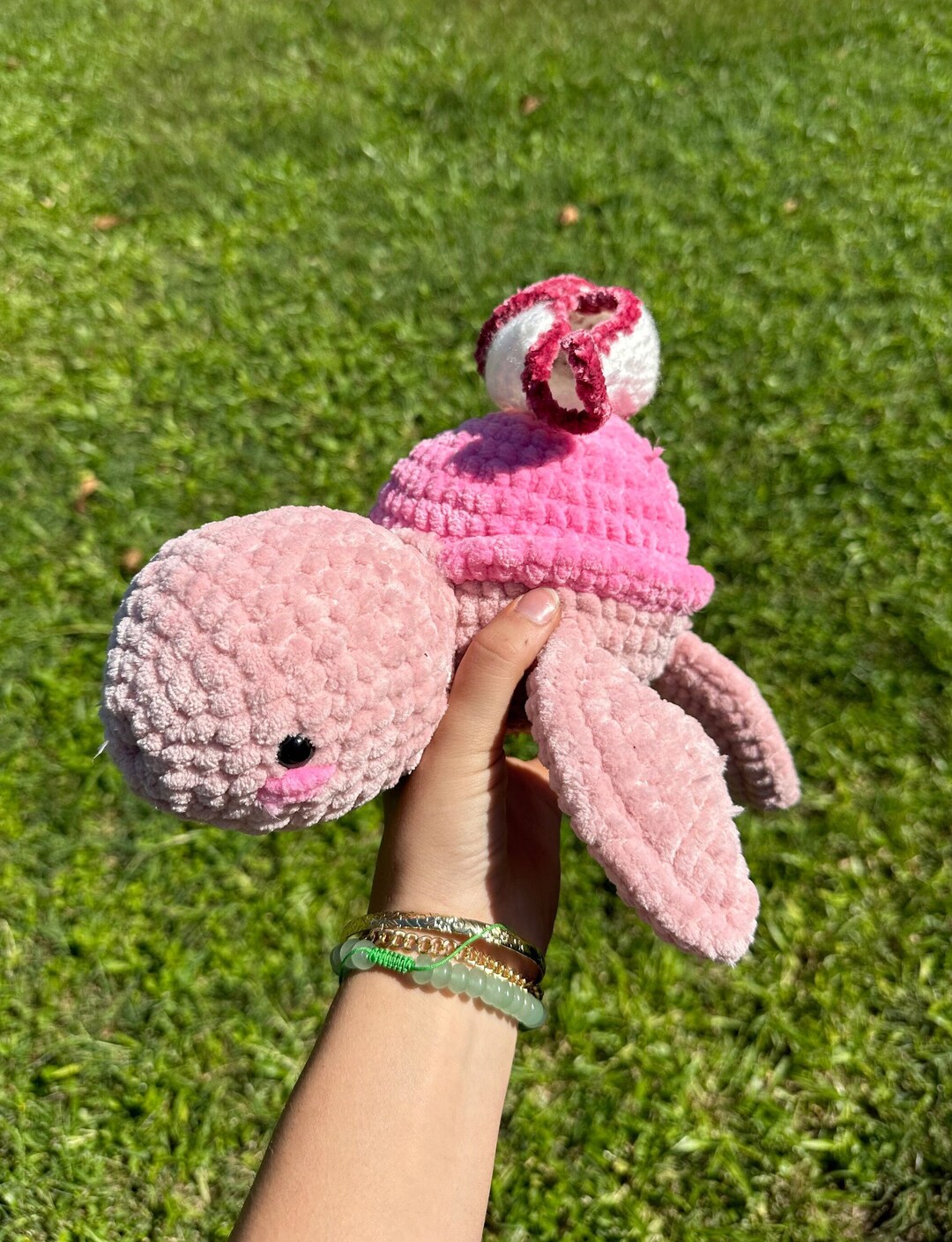 Cute Pink Turtle With Conch Shell Plush Handmade Amigurumi Stuffed ...